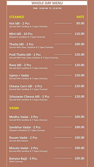 Menu of Kanchipuram Cafe, Vesu, Surat