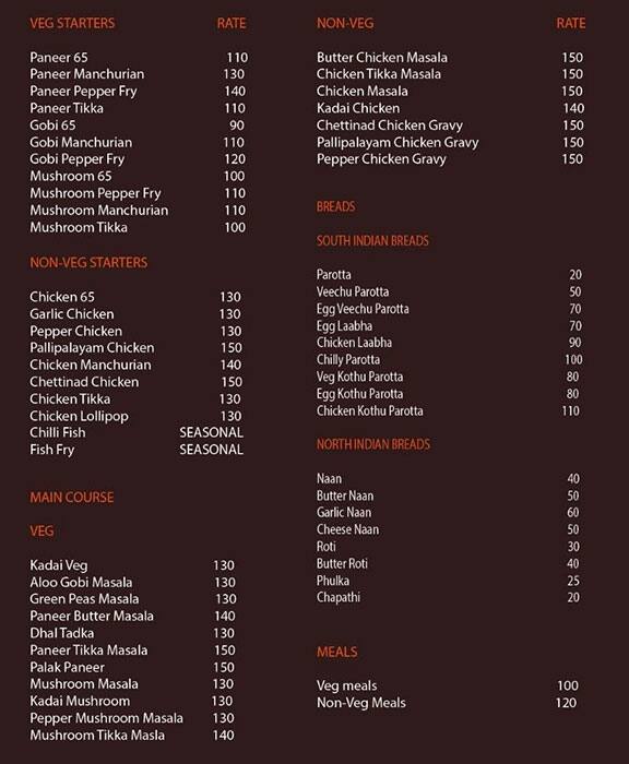 Menu of Shri Rusikaram, Kalapatti, Coimbatore