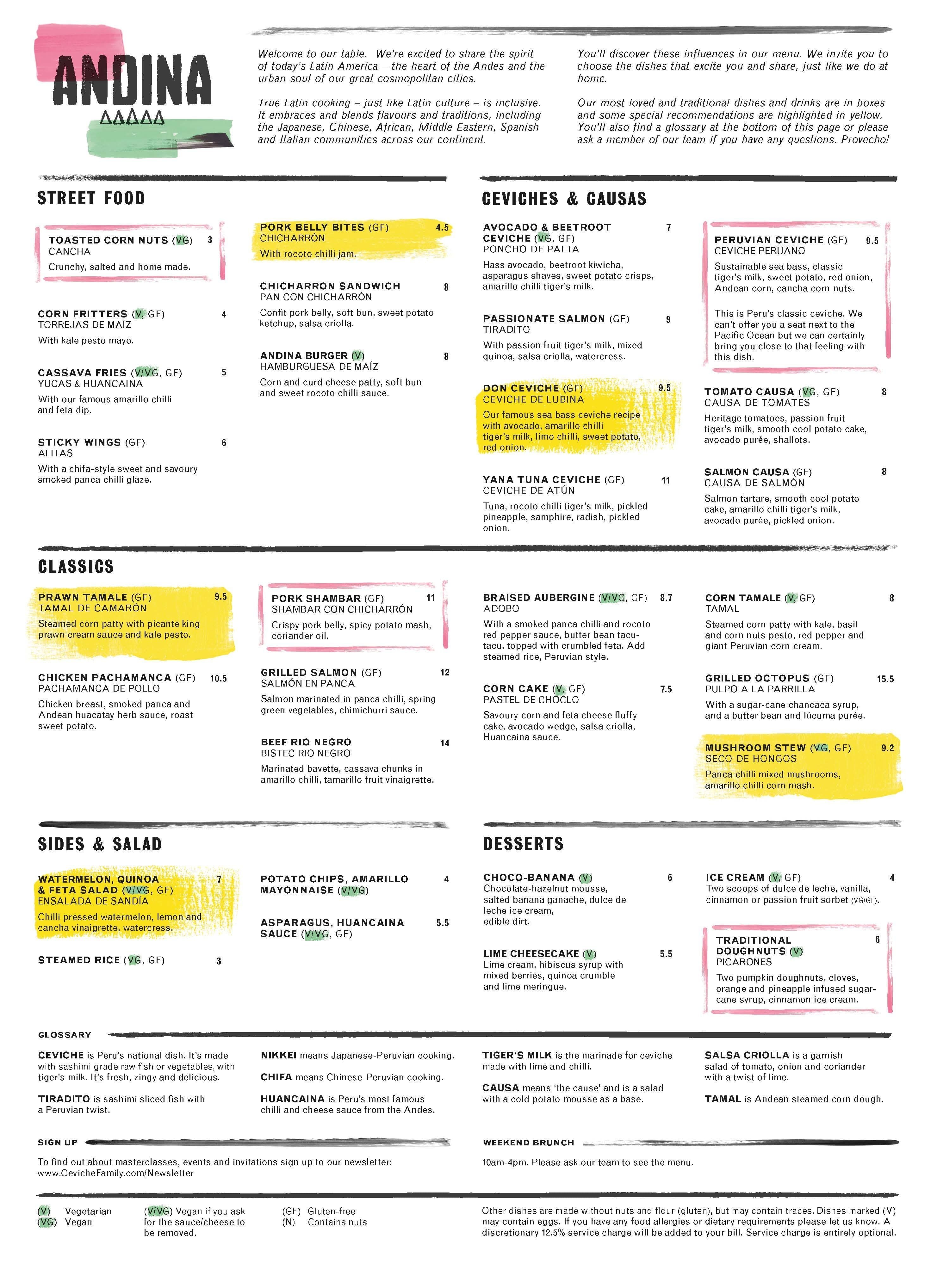 Menu at Andina Spitalfields restaurant, London, 60-62 Commercial St