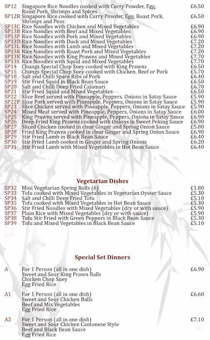 Menu at Chung's Chinese fast food, Hounslow, 13 New Heston Rd