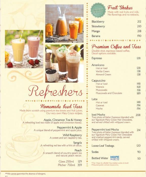 Menu at Mary Grace restaurant, Taguig, 5 28th St