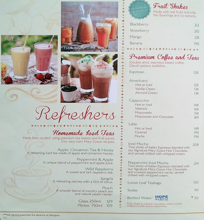 Menu at Cafe Mary Grace, Las Pinas