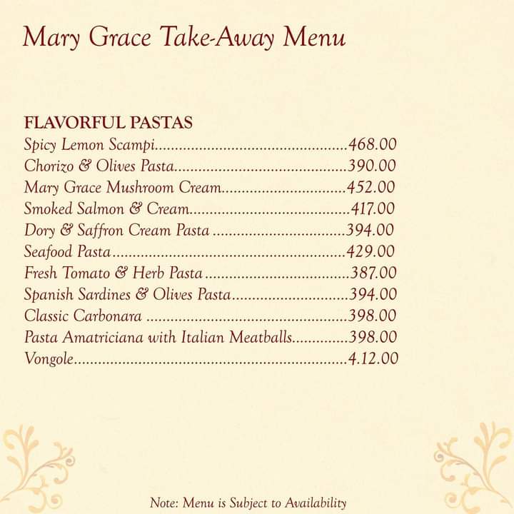 Menu at Mary Grace restaurant, Taguig, 5 28th St