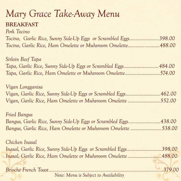 Menu at Mary Grace restaurant, Taguig, 5 28th St