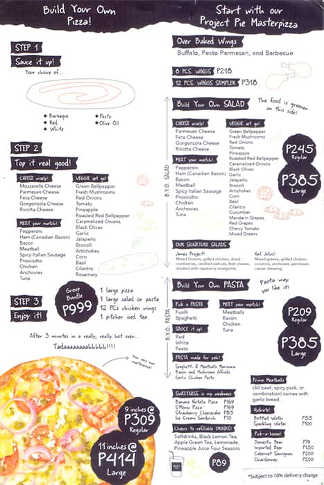 Menu at Project Pie pizzeria, Muntinlupa, Spectrum Centre Filinvest City