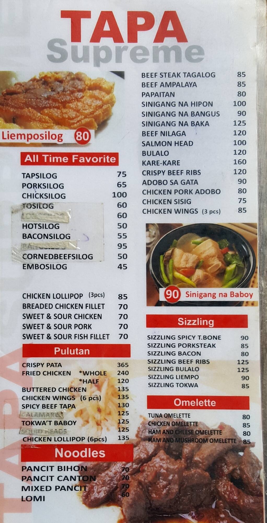 Menu at Tapa Supreme restaurant, Manila, Vicente Cruz St