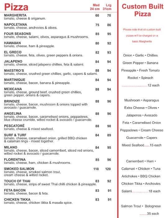 Menu at Maestro's a La Carte Restaurant, Cape Town