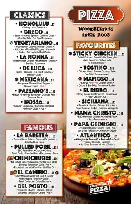 Speisekarte von Papachinos pizza, Boksburg