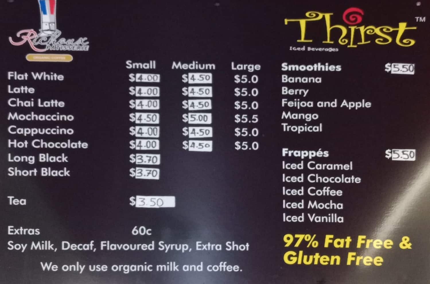 Menu at Richoux Patisserie Takapuna cafe, Auckland