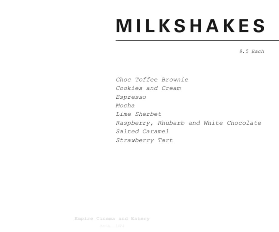 Menu at Empire Cinema IB cafe, Wellington