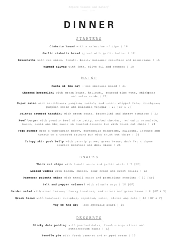 Menu at Empire Cinema IB cafe, Wellington