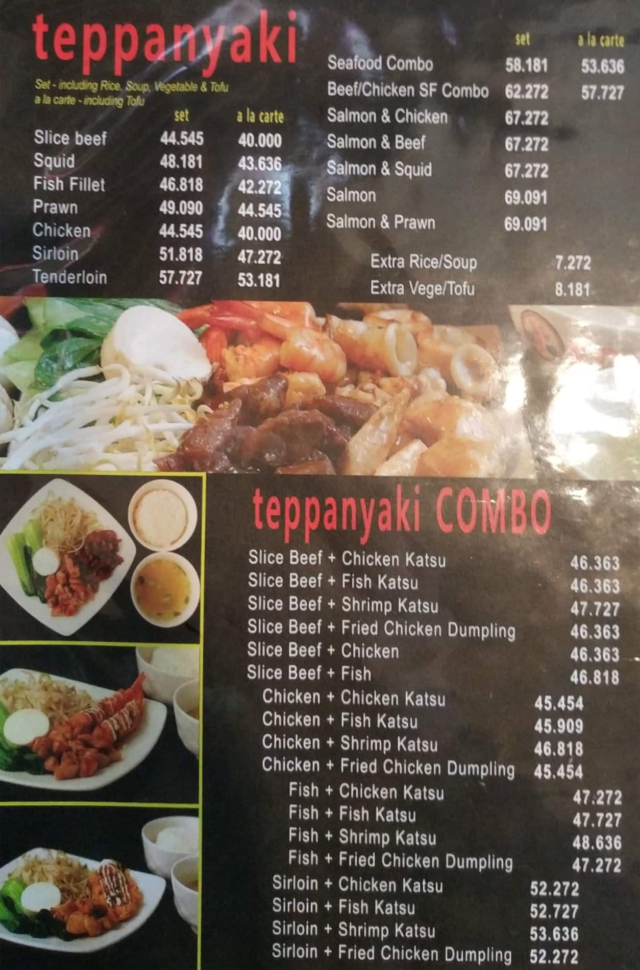 Menu at Koi Teppanyaki restaurant, Jakarta, Jl. Boulevard Raya