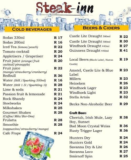 Menu at Steak-Inn restaurant, Pretoria