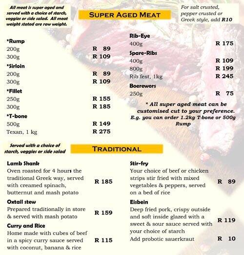 Speisekarte von Steak-Inn restaurant, Pretoria