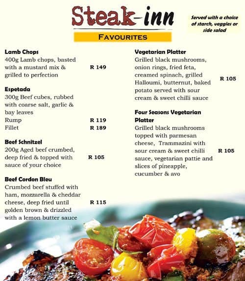 Menu at Steak-Inn restaurant, Pretoria