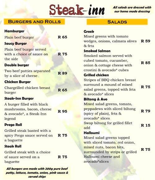 Menu at Steak-Inn restaurant, Pretoria