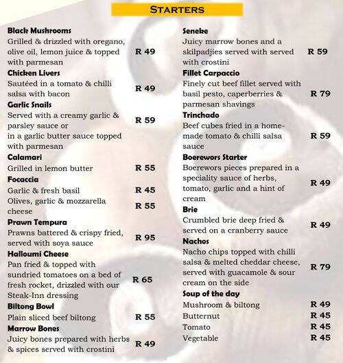 Menu at Steak-Inn restaurant, Pretoria