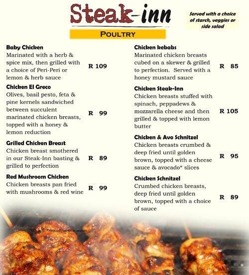 Menu at Steak-Inn restaurant, Pretoria
