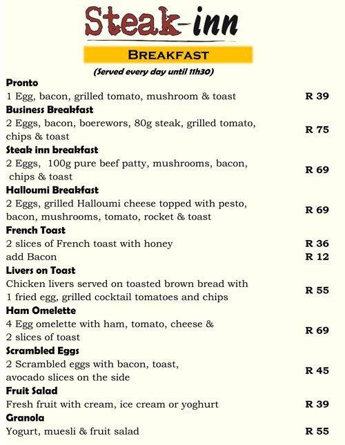 Menu at Steak-Inn restaurant, Pretoria