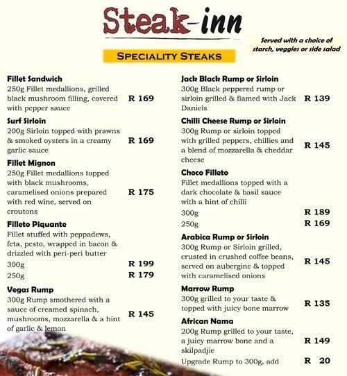 Menu at Steak-Inn restaurant, Pretoria