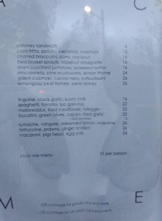 Menu at Acme restaurant, Rushcutters Bay