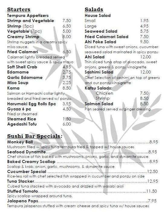 Menu at Happy Sushi restaurant, San Diego