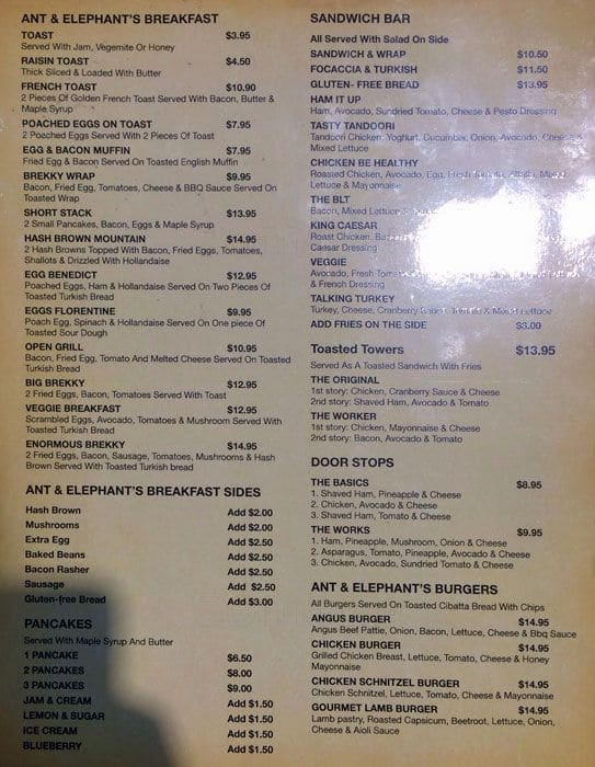 Menu at Ant & Elephant cafe, Modbury