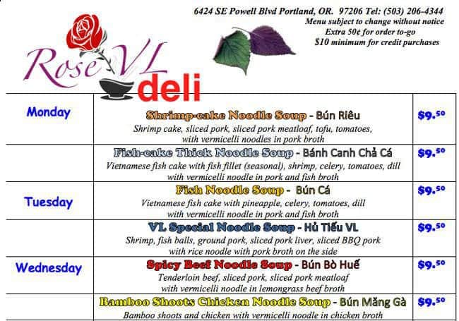 Menu at Rose VL Deli restaurant, Portland