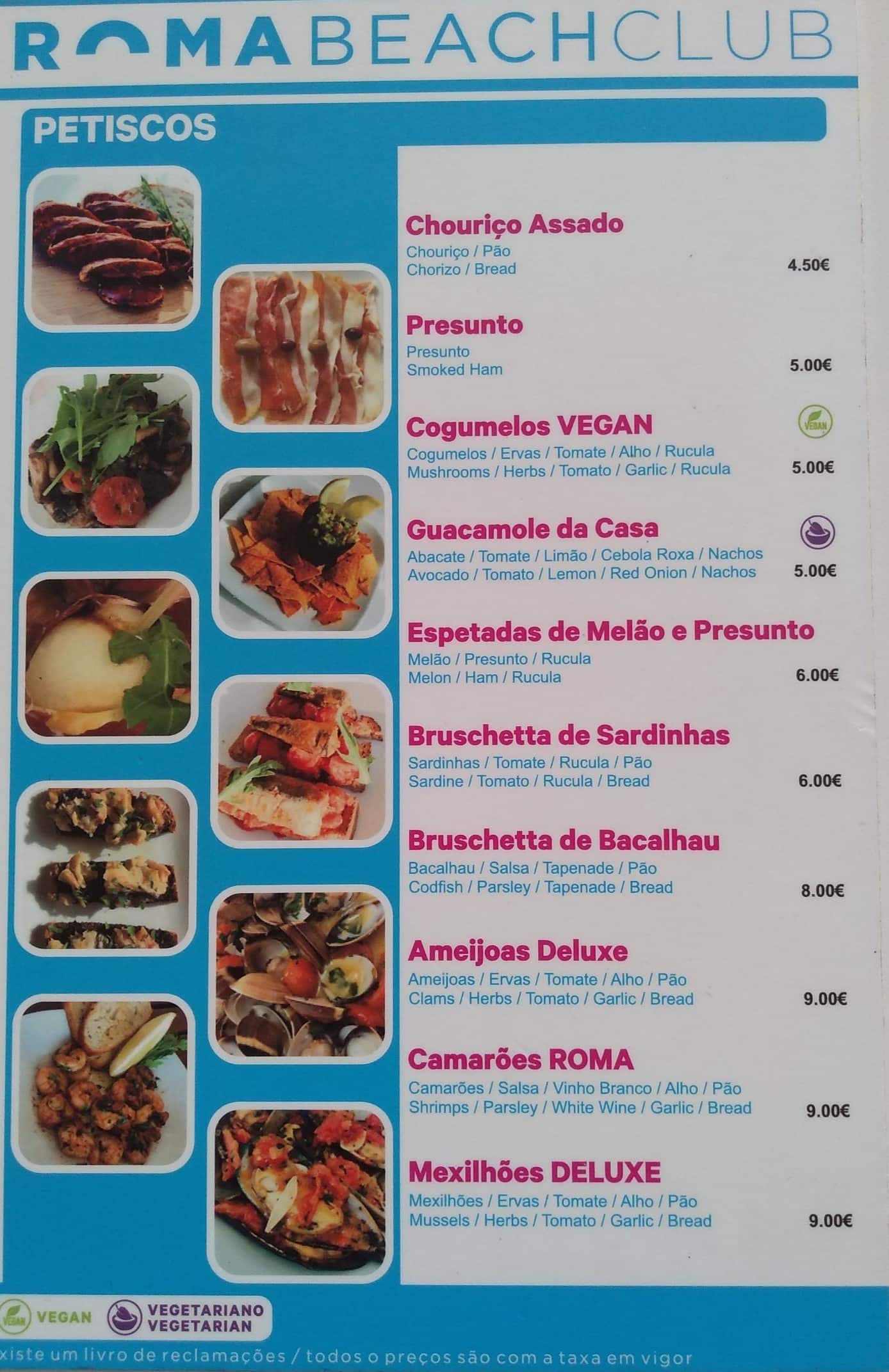 Menu at Roma Beach Club, Costa da Caparica