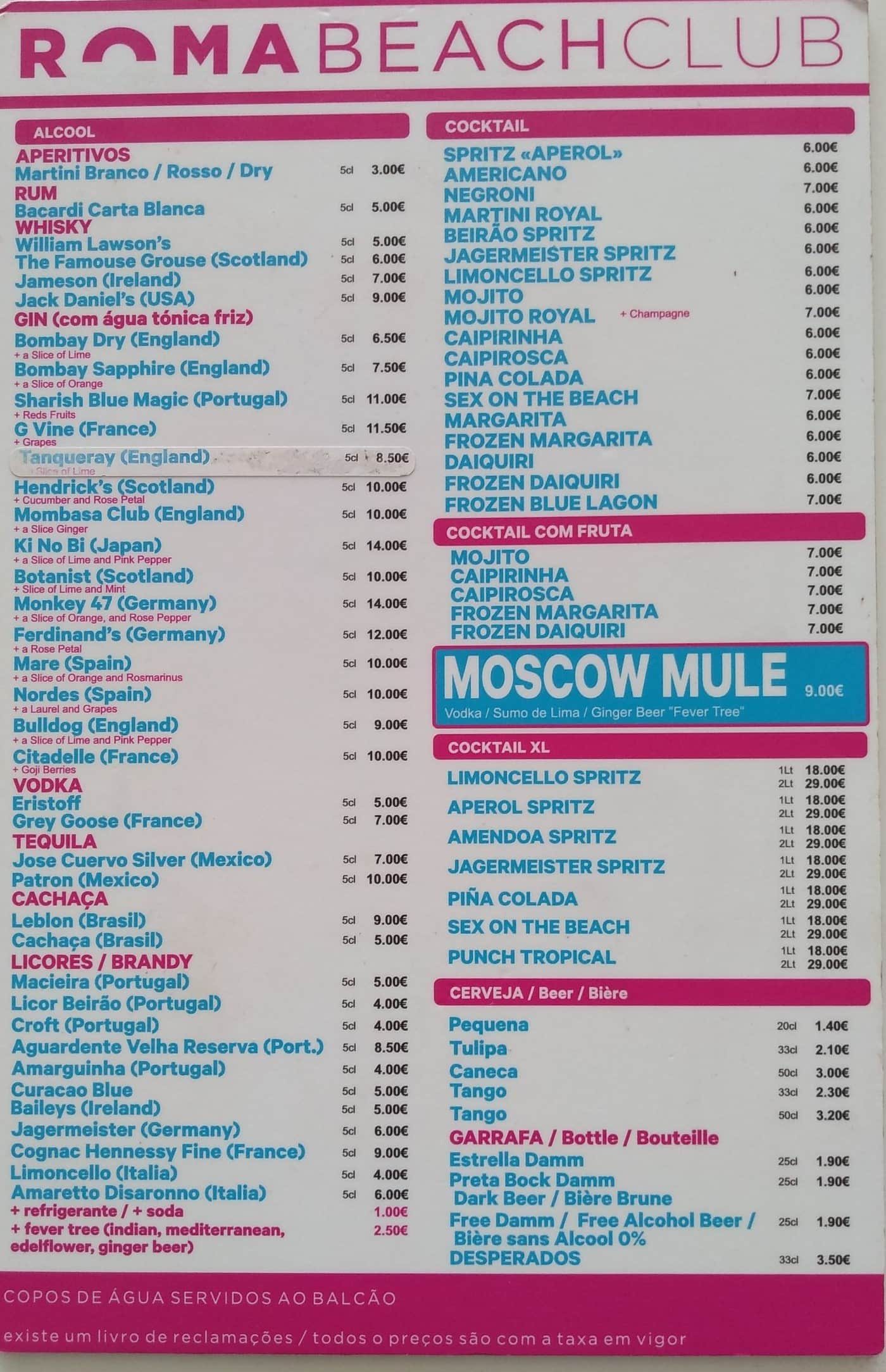 Menu at Roma Beach Club, Costa da Caparica