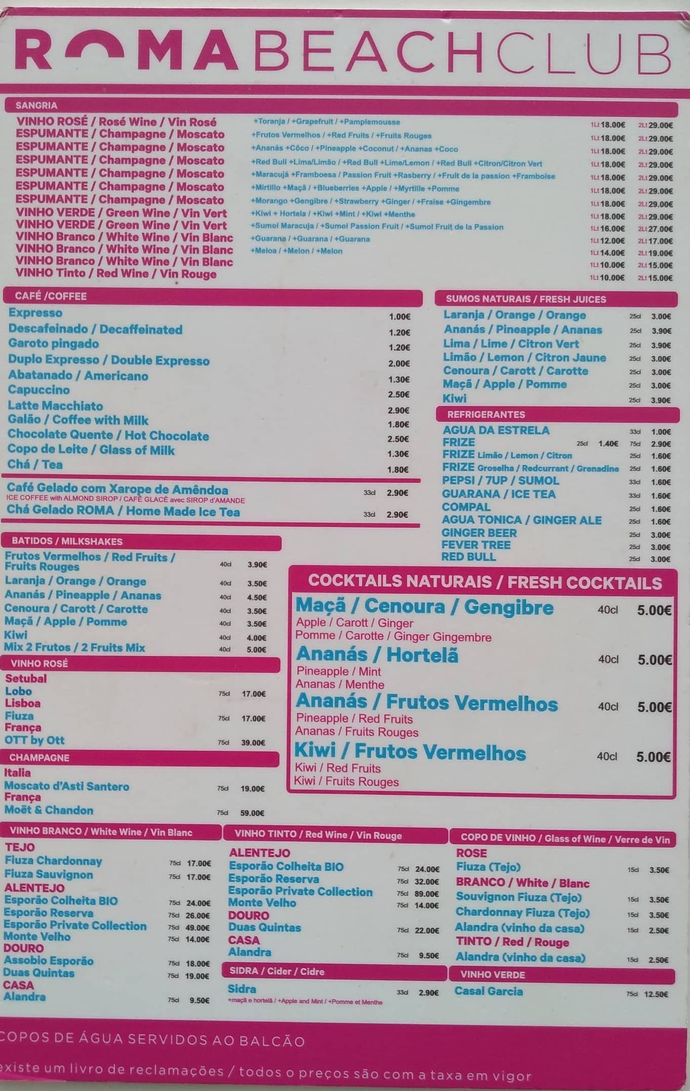 Menu at Roma Beach Club, Caparica