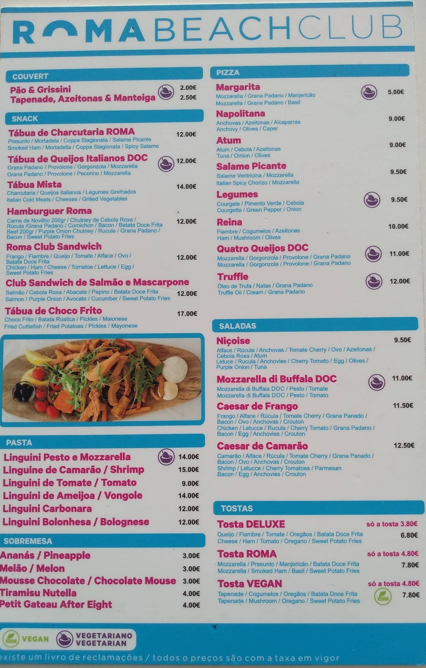 Menu at Roma Beach Club, Costa da Caparica