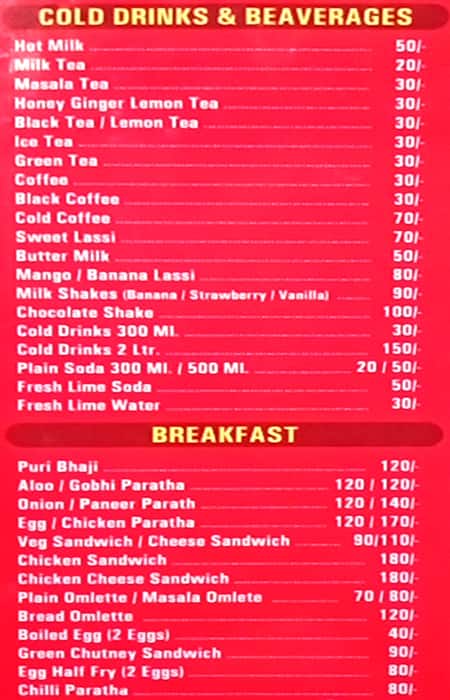 Menu at Chawla Dilliwala, Candolim