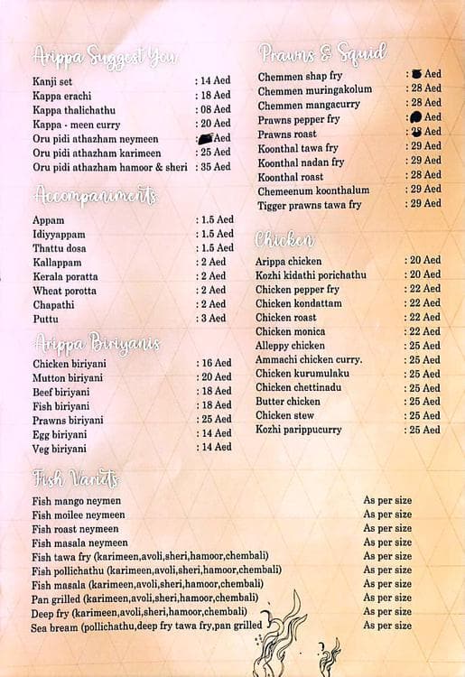 Menu of Arippa, Al Karama, Dubai