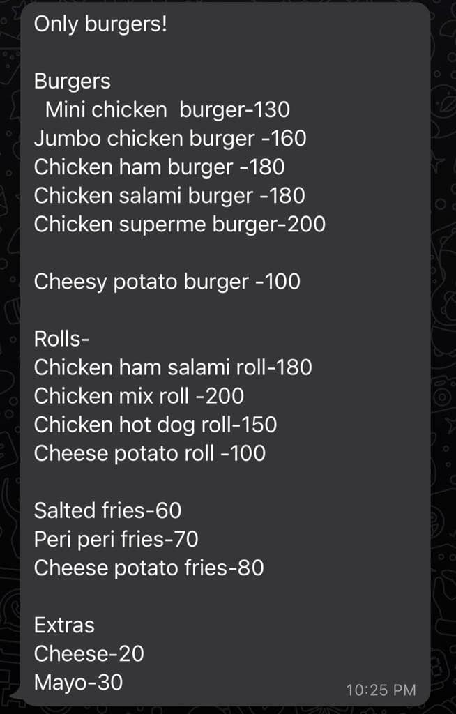 Menu of Only Burgers, Undri, Pune