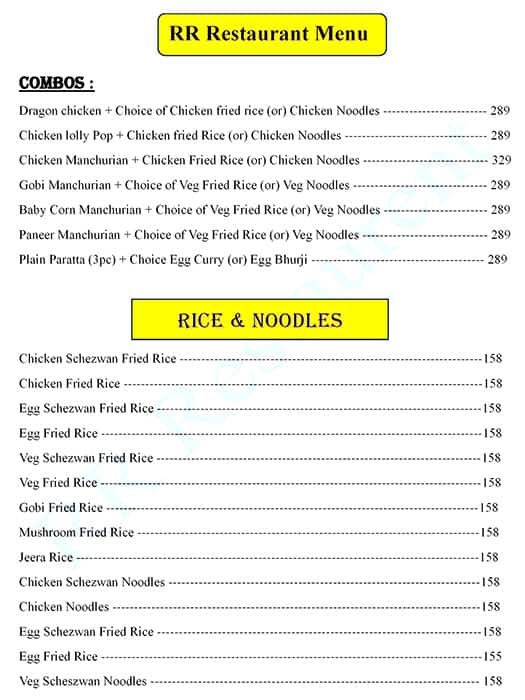 Menu of RR Restaurant, Bannerghatta Road, Bangalore