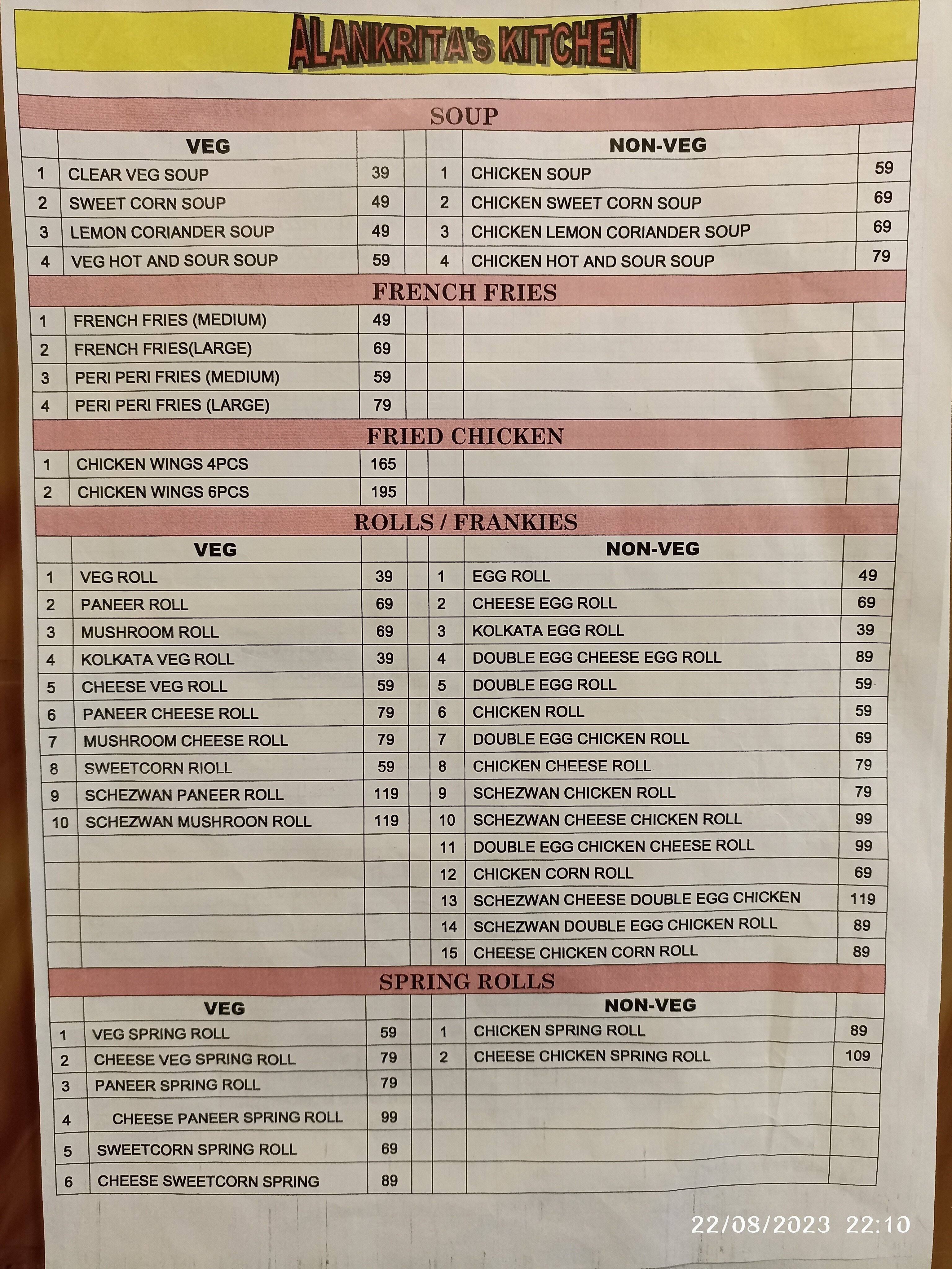 Menu of Alankrita's Kitchen, Kurmannapalem, Vizag