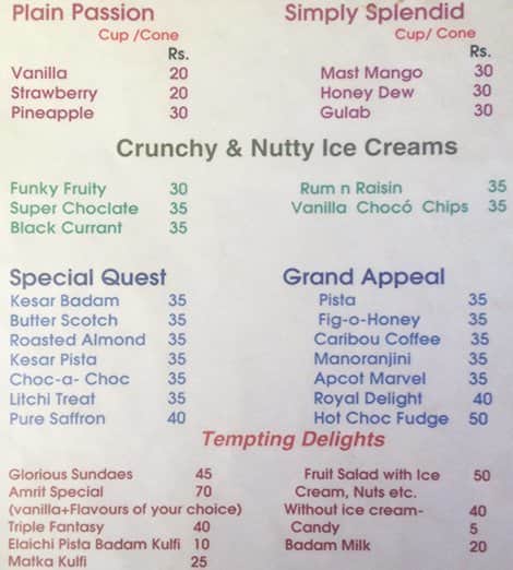 Menu at Amrith Ice Cream, Bengaluru