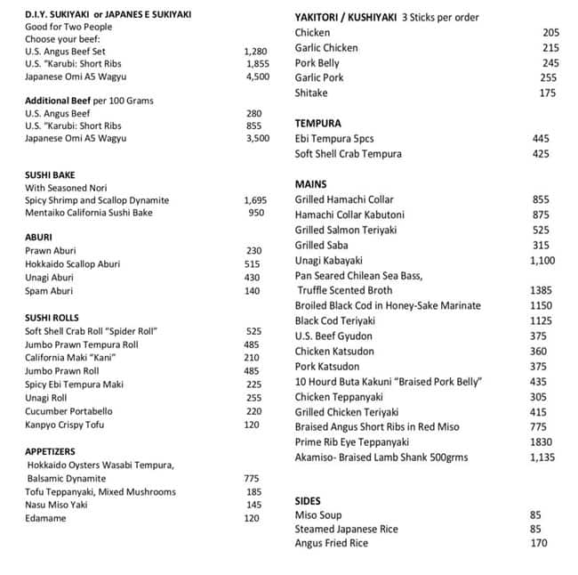 Menu at Kai restaurant, Makati, H23F+92W