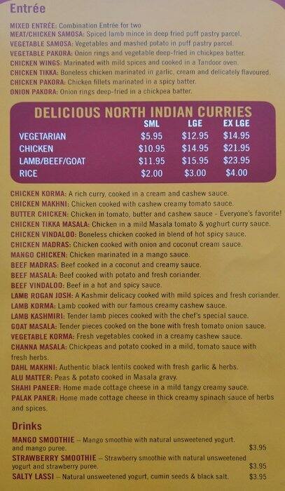 Menu at Indian Brothers restaurant, Clontarf