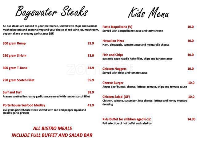 Menu at Bayswater Hotel & Motel pub & bar, Bayswater