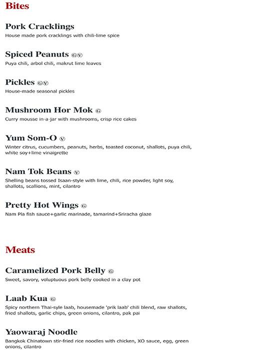 Menu at Kin Khao restaurant, San Francisco