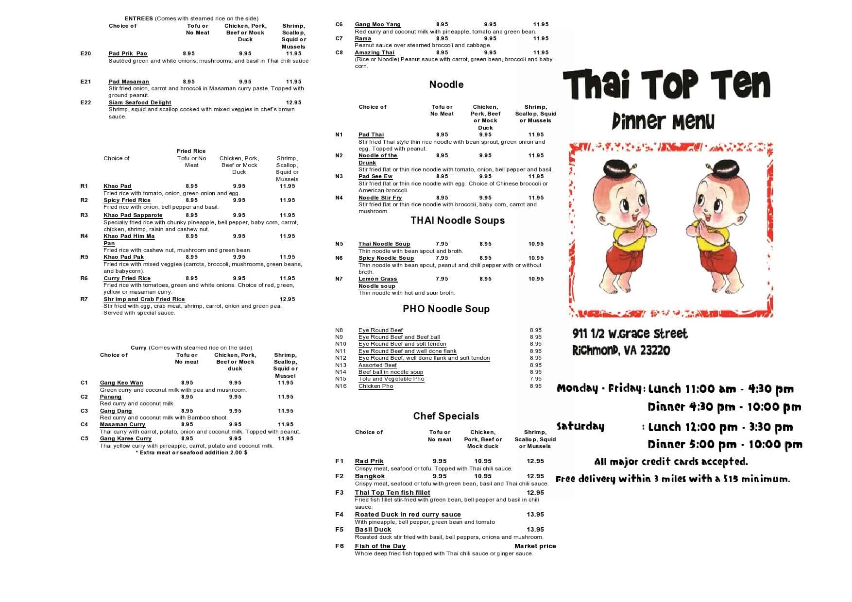 Menu at Thai Top Ten restaurant, Richmond, 911 1/2 W Grace St