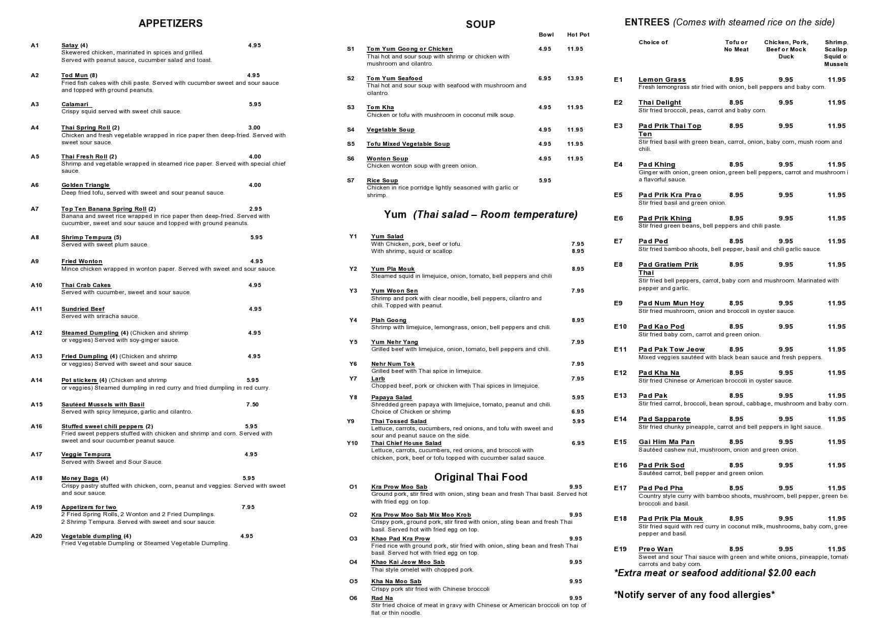 Thai Top Ten Menu, Menu for Thai Top Ten, The Fan, Richmond ...