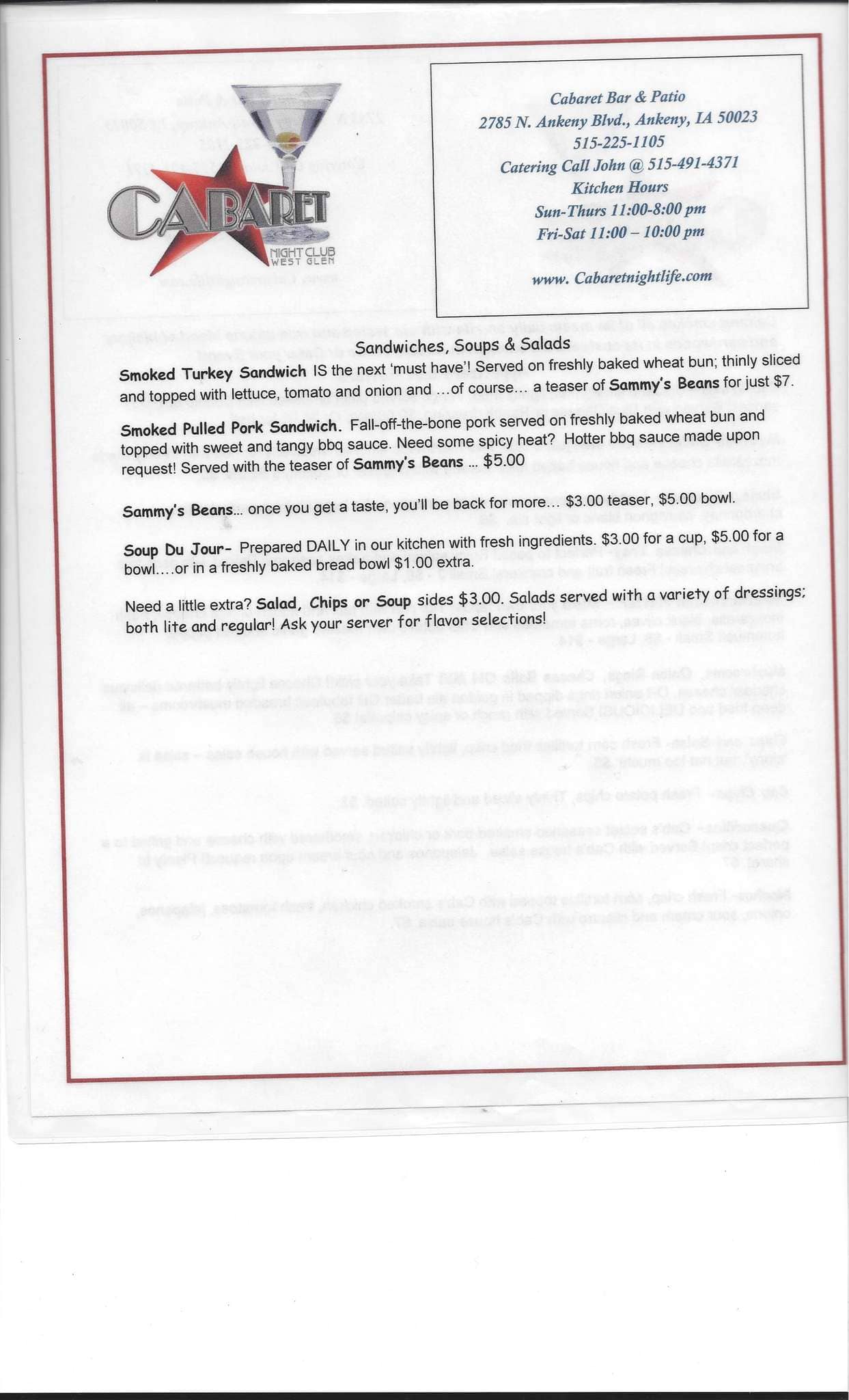 Menu at Cabaret Sports Bar & Grille, Ankeny