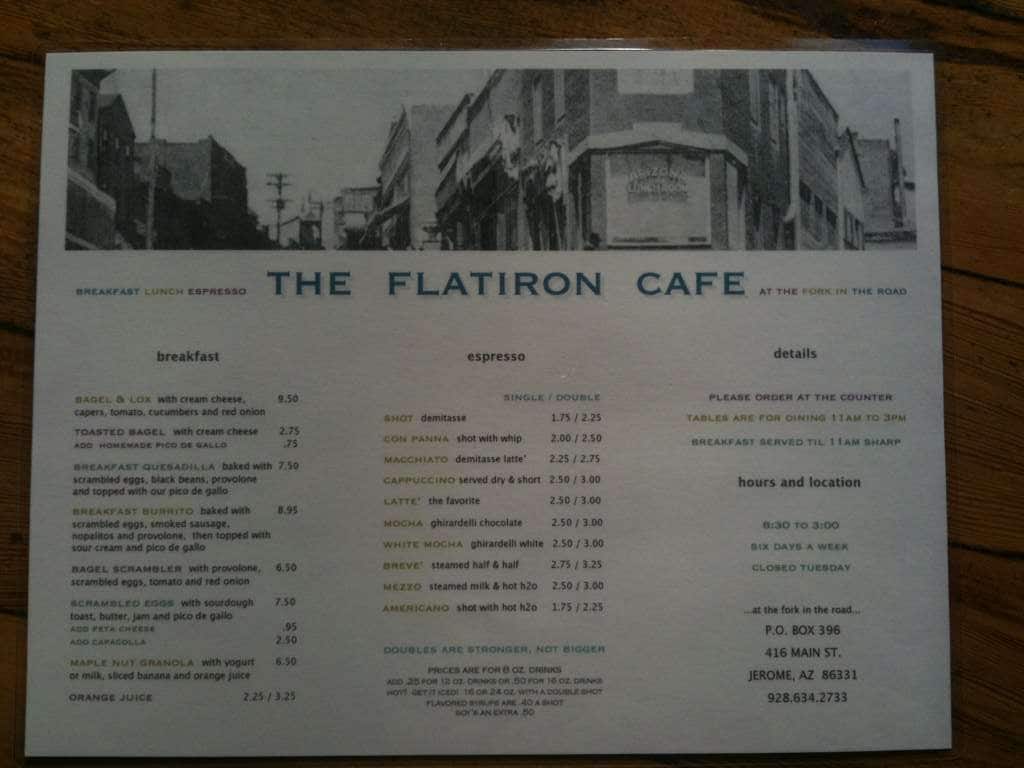 Menu at The Flatiron cafe, Jerome