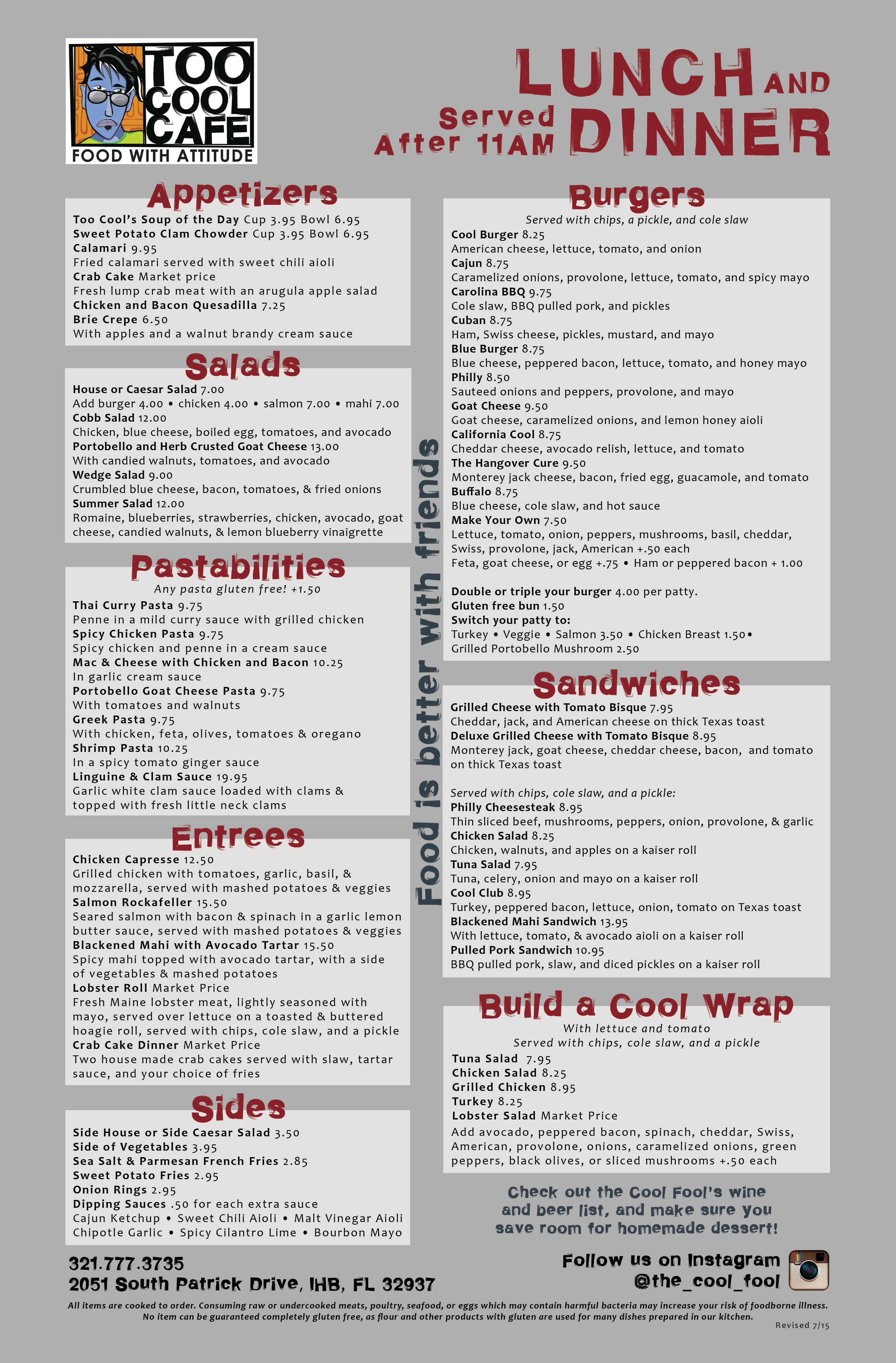 Menu at Too Cool Cafe, Indian Harbour Beach