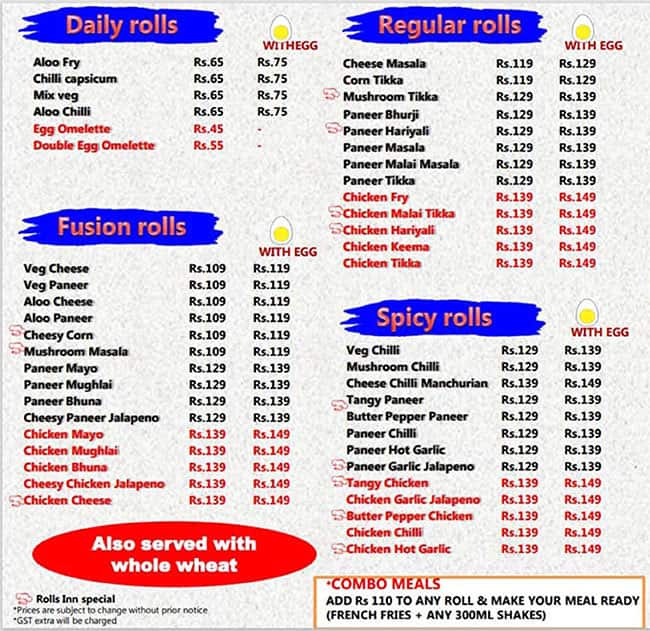 Menu of Rolls Inn, Sector 22, Gurgaon