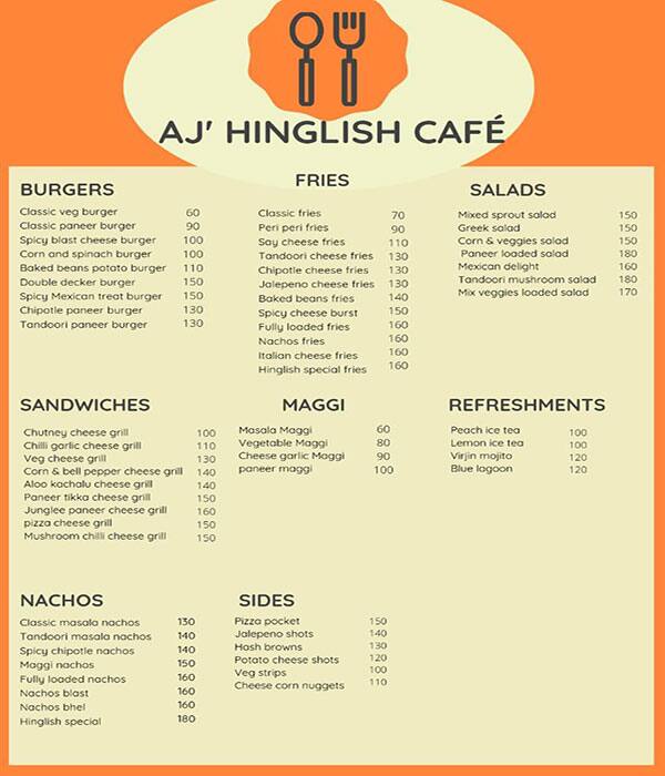 Menu of AJ Hinglish Café, Kondhwa, Pune