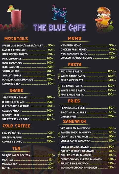 Menu at The Blue Cafe, Siliguri